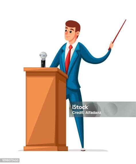 남자 양복에서 마이크 나무 트리뷴에 서 있다 연설을 하 고 있습니다 만화 캐릭터 디자인입니다 흰색 배경에 고립 된 평면 벡터 일러스트 레이 션 청중석에 대한 스톡 벡터 아트