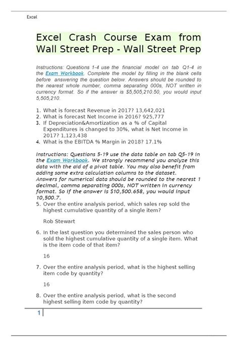 excel crash course exam wall street prep