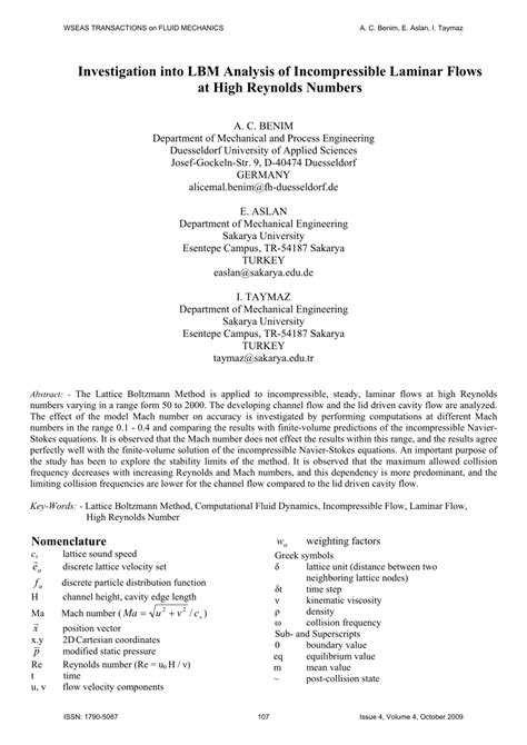 Pdf Investigation Into Lbm Analysis Of Incompressible Laminar Flows At High Reynolds Numbers