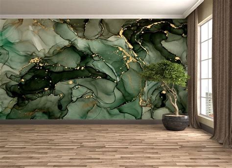 Fluid Green Gold Art Wallpaper Peel And Stick Wallpaper Marble Texture