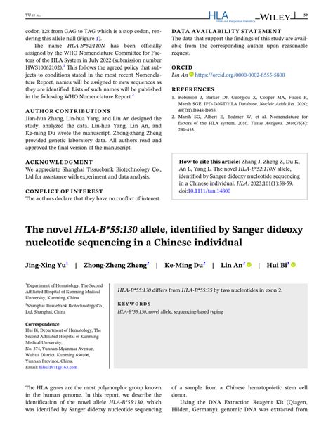 The Novel HLAB 55 130 Allele Identified By Sanger Dideoxy Nucleotide Sequencing In A Chinese