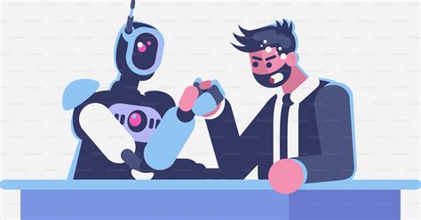 Ai 세미 플랫 Rgb 컬러 벡터 그림과 경쟁하는 인간 직원 인간과 기계는 흰색 배경에 고립된 만화 캐릭터 벡터