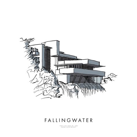 Fallingwater Architectural Sketch Printed Poster Modern Wallart Frank