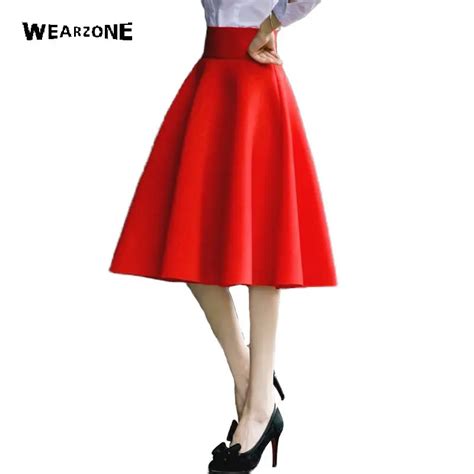 High Waist Elegant Skirt Knee Length Women Pleat Flared Skirts Fashion