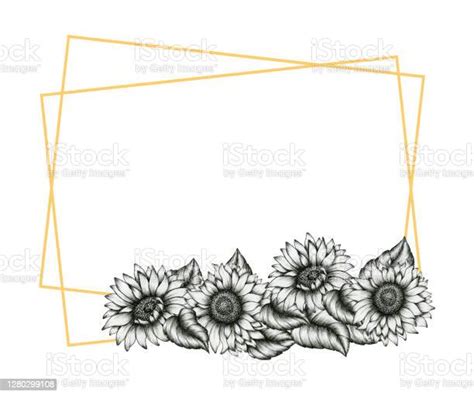 검은 색과 흰색 꽃 장식해 있는 해바라기 축제 골든 프레임 가을 꽃화환 잉크 아트 디자인 추수감사절 가을 카드 또는 초대를 위한 빈티지 가을 장식 템플릿 0명에 대한 스톡