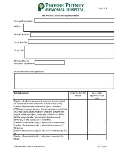 IRB Protocol Closure Or Suspension Form Principal Investigator