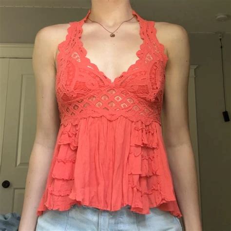 Free People Coral Layered Lace Halter Top Two Small Depop