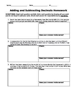 Adding And Subtracting Decimals Homework By Miss Bumbaco TPT