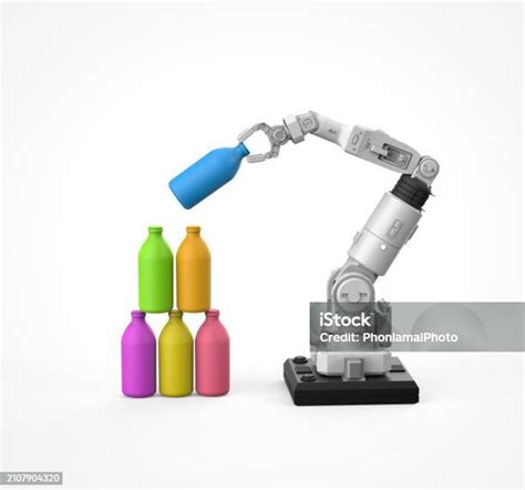 Machine Learning Concept With Robotic Arm Arrange Toy Bottles Stock