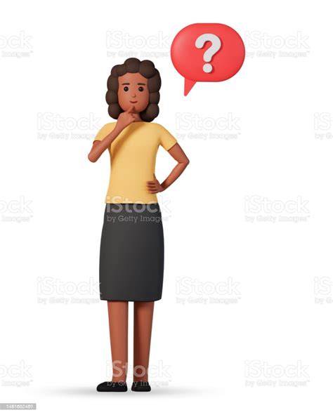 젊은 아프리카 여성의 턱과 물음표를 말풍선으로 잡고 생각하는 3d 그림이 그녀 위에 나타난다 아프리카계 미국인 여성과 머리 위의 물음표 3d 그림 3가지 개체에 대한 스톡