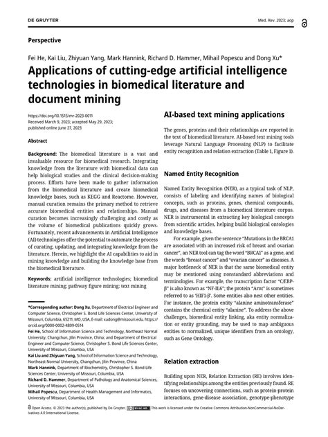 Pdf Applications Of Cutting Edge Artificial Intelligence Technologies In Biomedical Literature