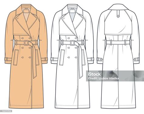 클래식 트렌치코트 테크니컬 패션 일러스트 래글런 슬리브 트렌치 코트 패션 플랫 기술 도면 템플릿 미디 길이 포켓 전면 및 후면보기 화이트 낙타 색상 여성 남성 남녀 공용