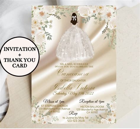 Editable Invitation Quinceañera White Floral Silver Princess Mis Xv