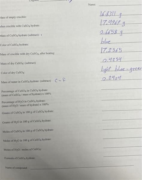 Solved Name Cass Of Empty Crucible 16 8311 A 17014699 Mass