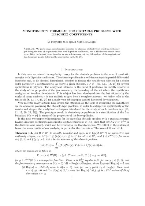 Pdf Monotonicity Formulas For Obstacle Problems With Lipschitz Coefficients