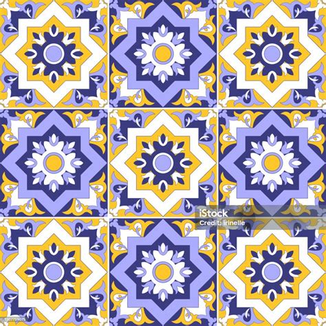 타일 패턴 블루 옐로우 및 흰색 장식품에서 매끄러운 벡터 포르투갈 타일 아줄레호 멕시코 모로코 터키 오스만 모티브 벽지 디자인
