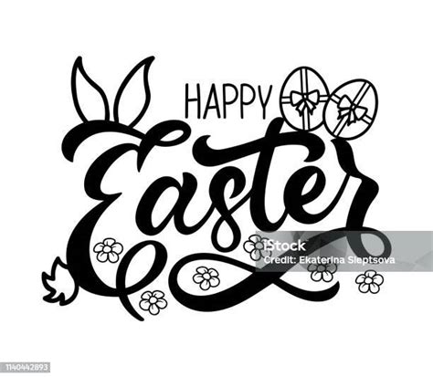 손 토끼 귀와 꼬리 꽃과 계란 타이포 그래피 레터링 포스터와 함께 행복 한 부활절을 스케치 현대 서 예 흰색 배경에 고립 된 검정색 기호입니다 벡터 일러스트입니다 개념에