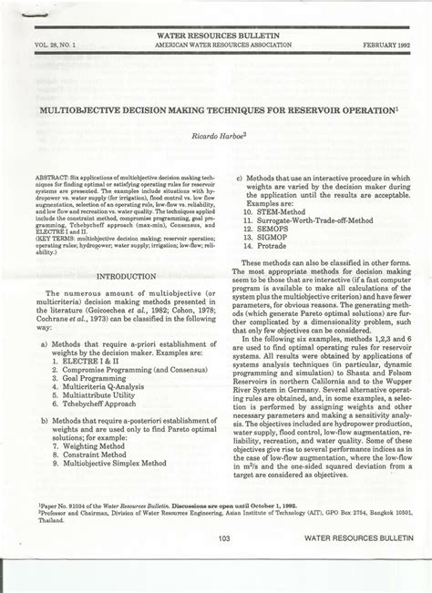 Pdf Multiobjective Decision Making Techniques For Reservoir Operation