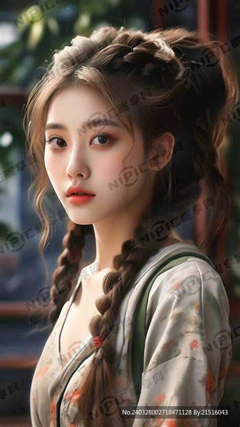 Ai创作图一个美丽的女孩叫胡馨木 扎辫子 瓜子脸 大眼睛 樱桃嘴 身材高挑 昵图网