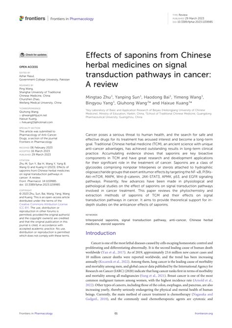 Pdf Effects Of Saponins From Chinese Herbal Medicines On Signal Transduction Pathways In