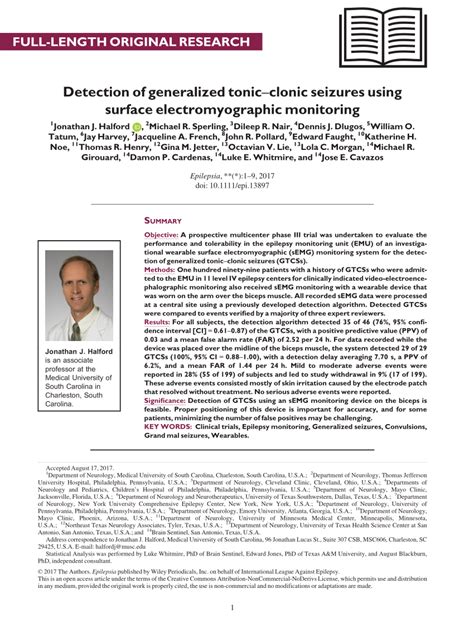 Pdf Detection Of Generalized Tonicclonic Seizures Using Surface Electromyographic Monitoring