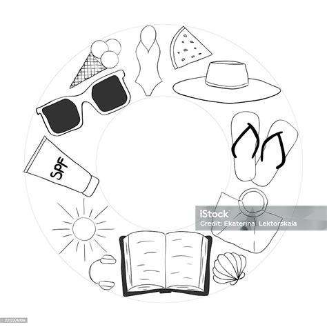 해변의 필수품 텍스트에 대한 원형 프레임 템플릿 벡터 그래픽 라인 잉크 그림 여름 세일 프로모션 라운드 보드는 해변의 물건으로 둘러싸여 있습니다 포장을 위해 화장품 직물