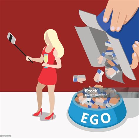 모노 포드와 셀 카를 만드는 플랫 마이크로 여자 남자 상자 벡터 일러스트 레이 션에서와 같은 징후와 함께 개 그릇을 작성 네트워크 및 소셜 프로 모션 비즈니스 개념입니다