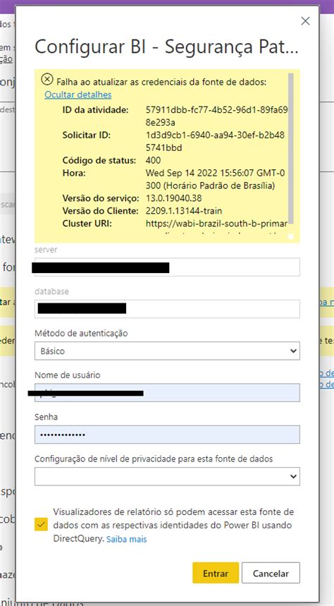 error 400 sql credentials [power bi services] microsoft fabric