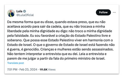 Parem De Me Julgar Pelas Falas Do Premiê De Israel Diz Lula