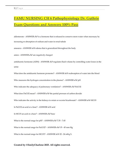 Famu Nursing Ch 6 Pathophysiology Dr Guthrie Exam Questions And