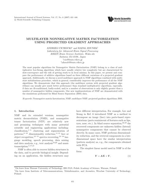 Pdf Multilayer Nonnegative Matrix Factorization Using Projected