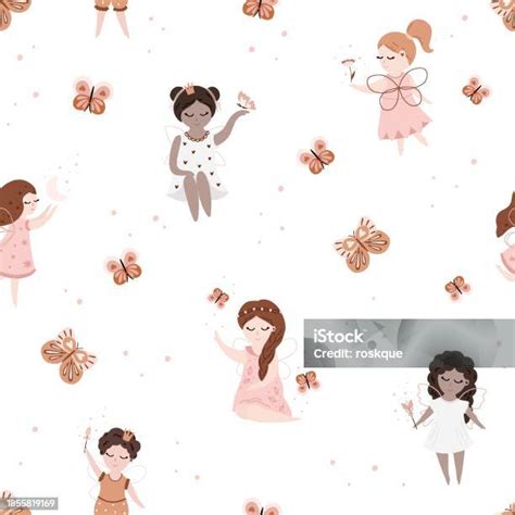 벡터 완벽 한 아이들의 패턴 와 요정 꽃 별 와 다른 성분 마술 지팡이 벡터 일러스트 레이 션을 가진 요정 아기를 위한 만화