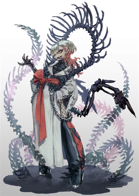 Jonpei Original Absurdres Highres Girl Black Gloves Chain Coat Earrings Fang Fishnets