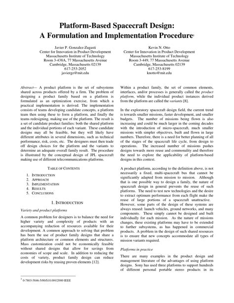 Pdf Platform Based Spacecraft Design A Formulation And