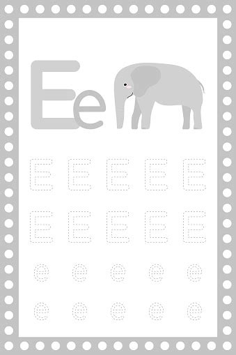 문자 E 소문자 워크시트 어린이 교육 코끼리 그림 벡터 조판 알파벳순 글꼴 유치원 훈련 0명에 대한 스톡 벡터 아트 및 기타