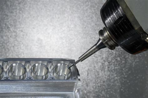 Close Up Scene The 5 Axis Machining Center Cutting The V8 Engine Cylinder Block With Solid Ball