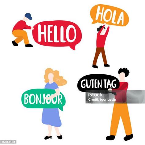 연설 거품과 다른 작은 사람들 안녕 Guten 태그 Bonjour 안녕하세요 흰색 배경 벡터 비즈니스 그림입니다 말하기에 대한