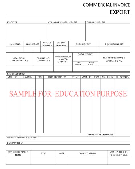 Export Commercial Invoice Format Samples Word Document Download