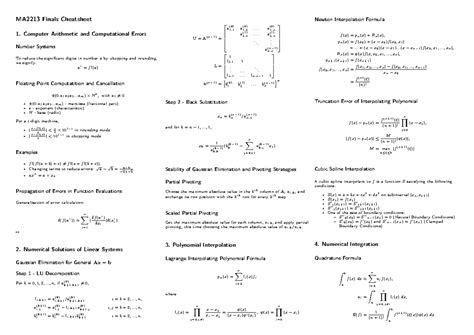 Cheat Sheet Summary Numerical Analysis I Ma2213 Finals Cheatsheet Newton Interpolation