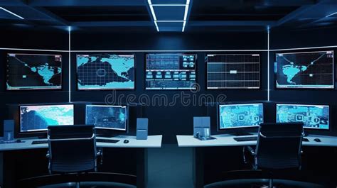 Modern Control Room Multiple Personal Computer Monitors Showing Coding Language Program With