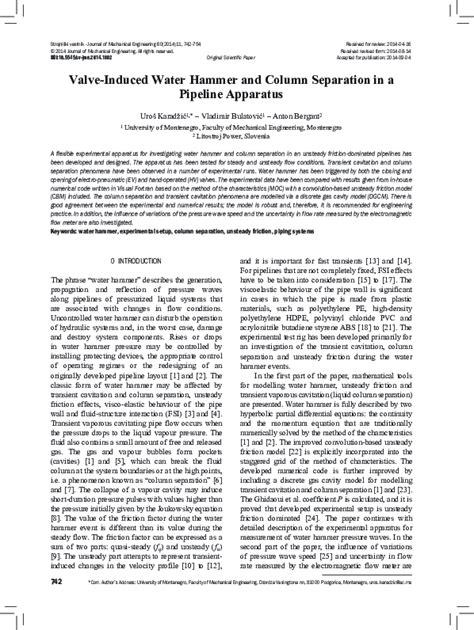 Pdf Valve Induced Water Hammer And Column Separation In A Pipeline Apparatus