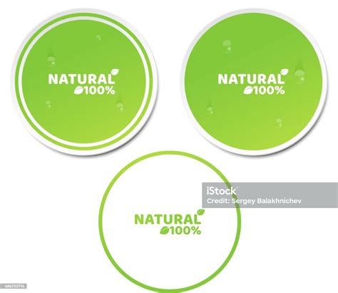 당연히 100 입니다 녹색 스티커 3d 스타일에서의 집합입니다 방울의 물 흐르는 자연 제품입니다 생태 레이블입니다 벡터 일러스트입니다 Eps 10 0명에 대한 스톡 벡터