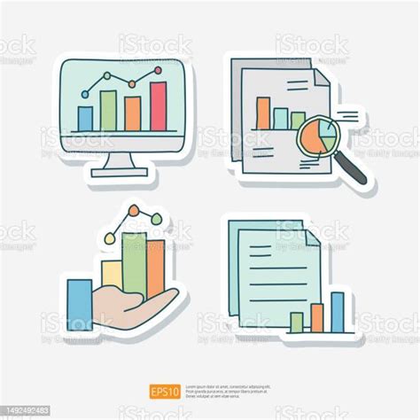 데이터 수집 및 분석 개념 낙서 스티커 아이콘 세트 벡터 그림 통계 과학 기술 기계 학습 프로세스 비즈니스 전략 기호 기호 관련