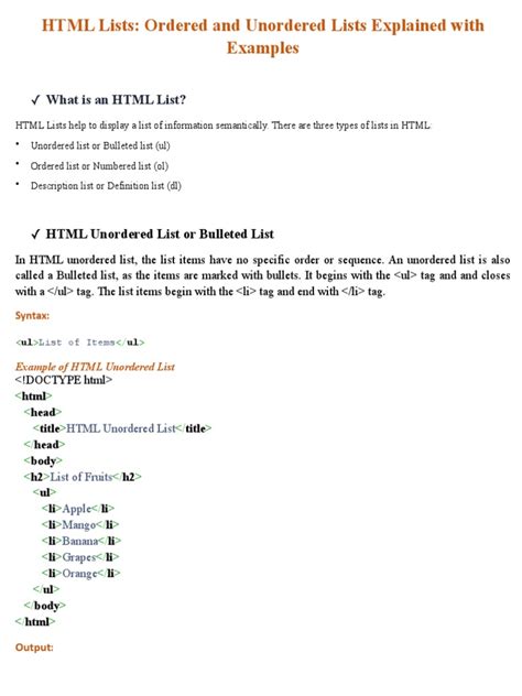 Ordered And Unordered List Pdf Html Element Html