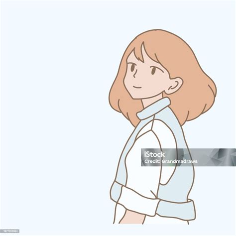 복사 공간을 올려다보고 있는 여성의 측면 초상화입니다 손으로 그린 평면 만화 캐릭터 벡터 일러스트 기울어진에 대한 스톡 벡터
