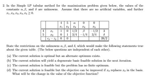 Solved 2 In The Simple LP Tabular Method For The Chegg Com