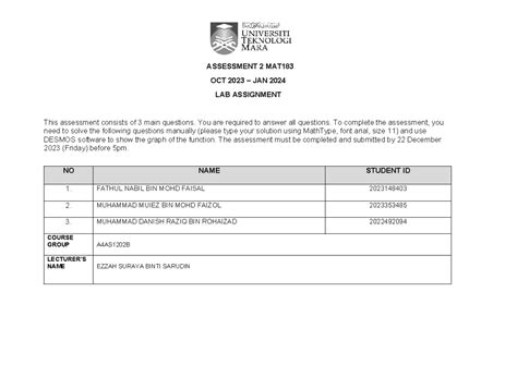 Mat183 Group Assignment Assessment 2 Mat Oct 2023 Jan 2024 Lab Assignment This Assessment