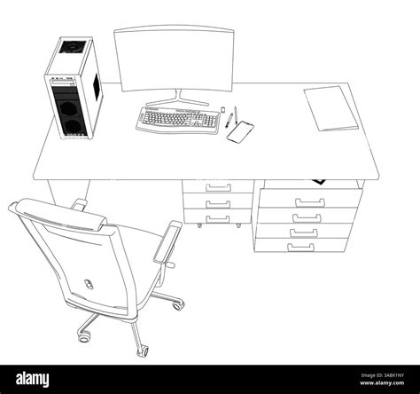 A Computer Desk With A Keyboard Mouse And A Monitor A Chair Is