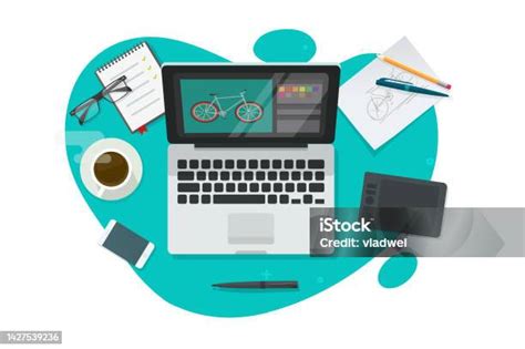 그리기 아티스트 그래픽 이미지 소프트웨어 디자인 편집기 벡터 디자이너 테이블 책상 평면도 위의 평면 현대 만화 노트북 컴퓨터