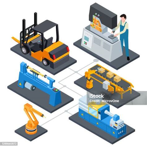 컴퓨터 제어 생산 공장 자동화 프로세스 등산화 벡터 일러스트레이션 등측투영법에 대한 스톡 벡터 아트 및 기타 이미지 등측
